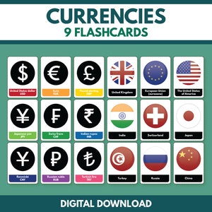 Two-sided CURRENCY SYMBOLS FLASHCARDS for Kids, Currency Symbols, Learn ...
