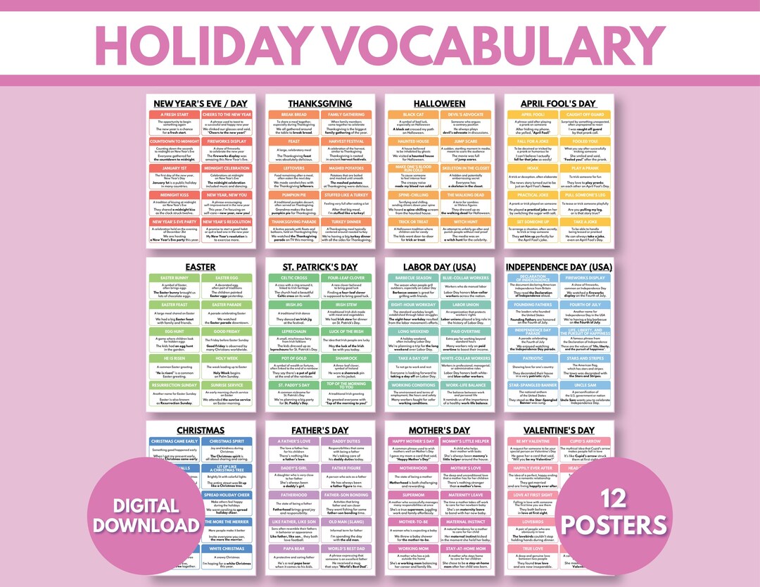 HOLIDAY VOCABULARY - Set of 12 Posters, English Phrases and Idioms ...