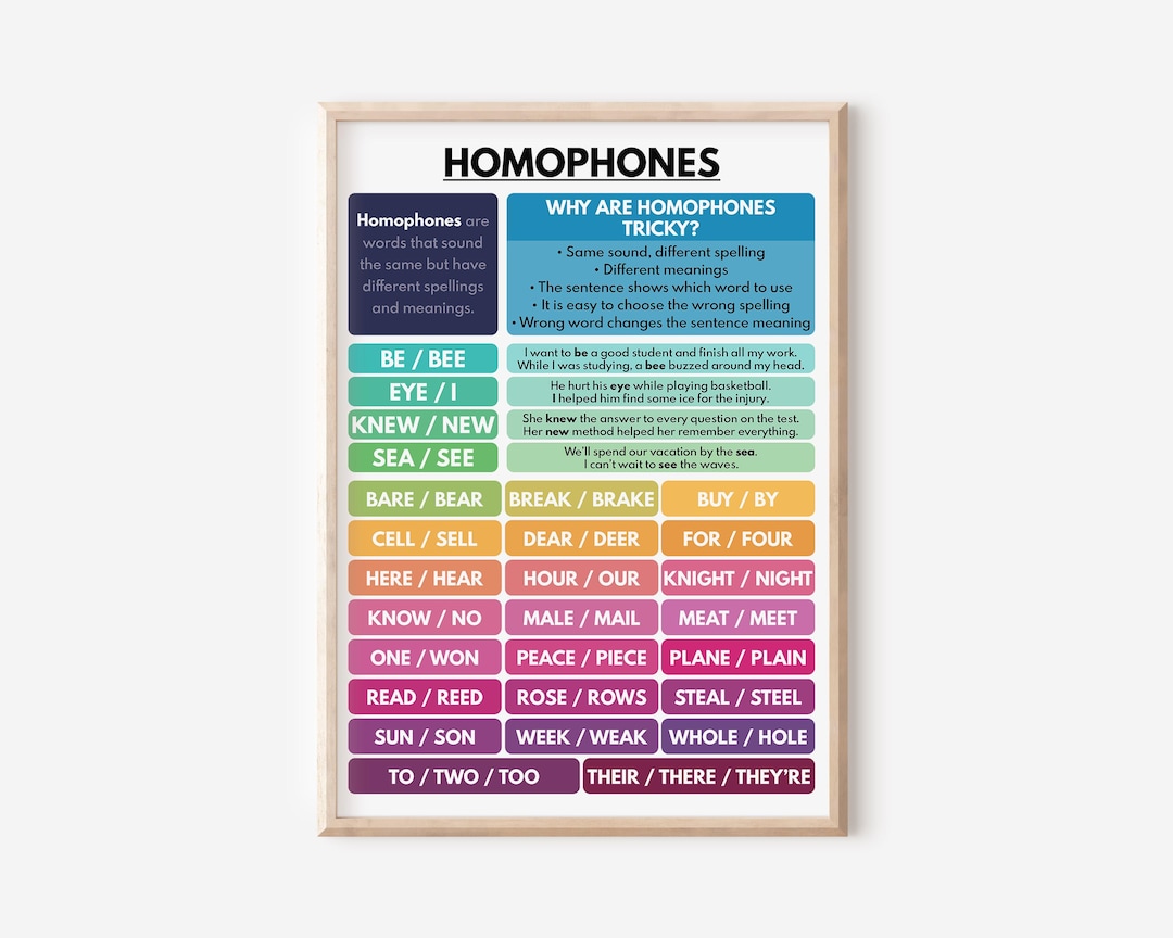 HOMOPHONES POSTER, English Language, Grammar Chart, Correct Spelling ...