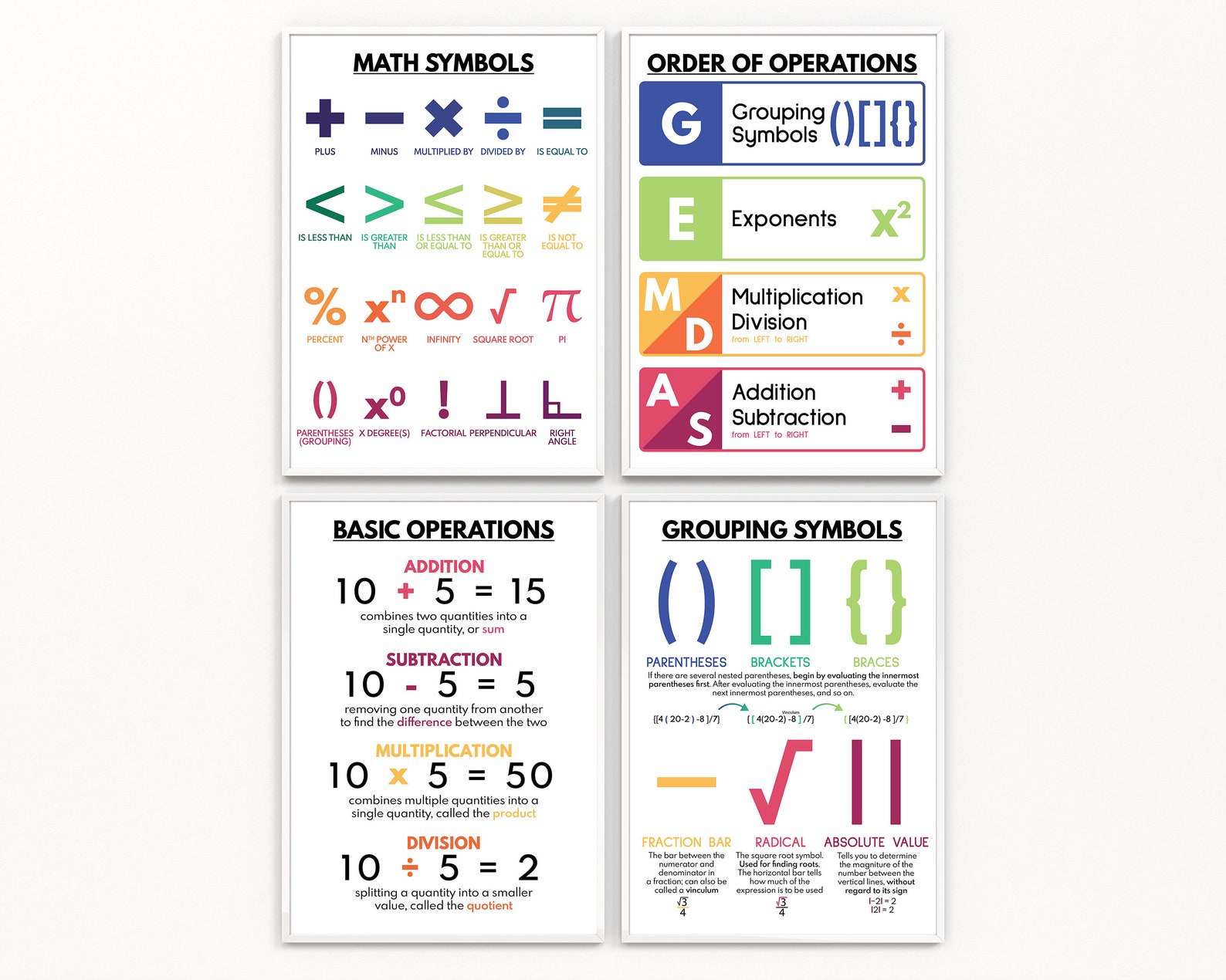 MATH BUNDLE - Set of 4 Posters, Math Symbols + GEMDAS + Basic ...
