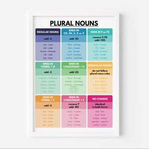PLURAL NOUNS POSTER, Grammar Anchor Chart for Homeschool, Classroom ...