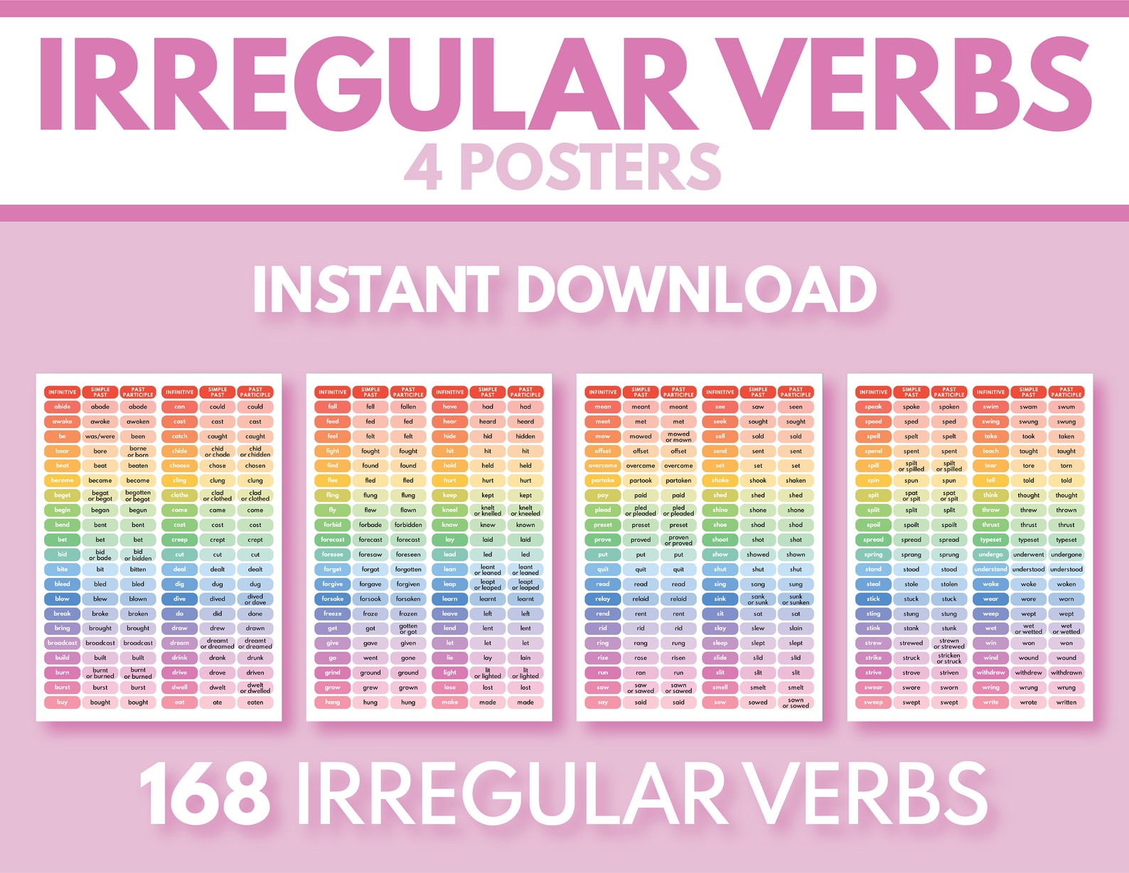 168 IRREGULAR VERBS Set of 4 Posters English Language - Etsy