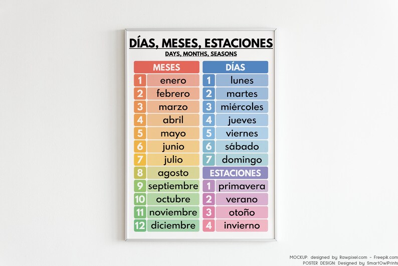 Spanish Language, DAYS MONTHS SEASONS in Spanish, Quick Reference Cheat ...