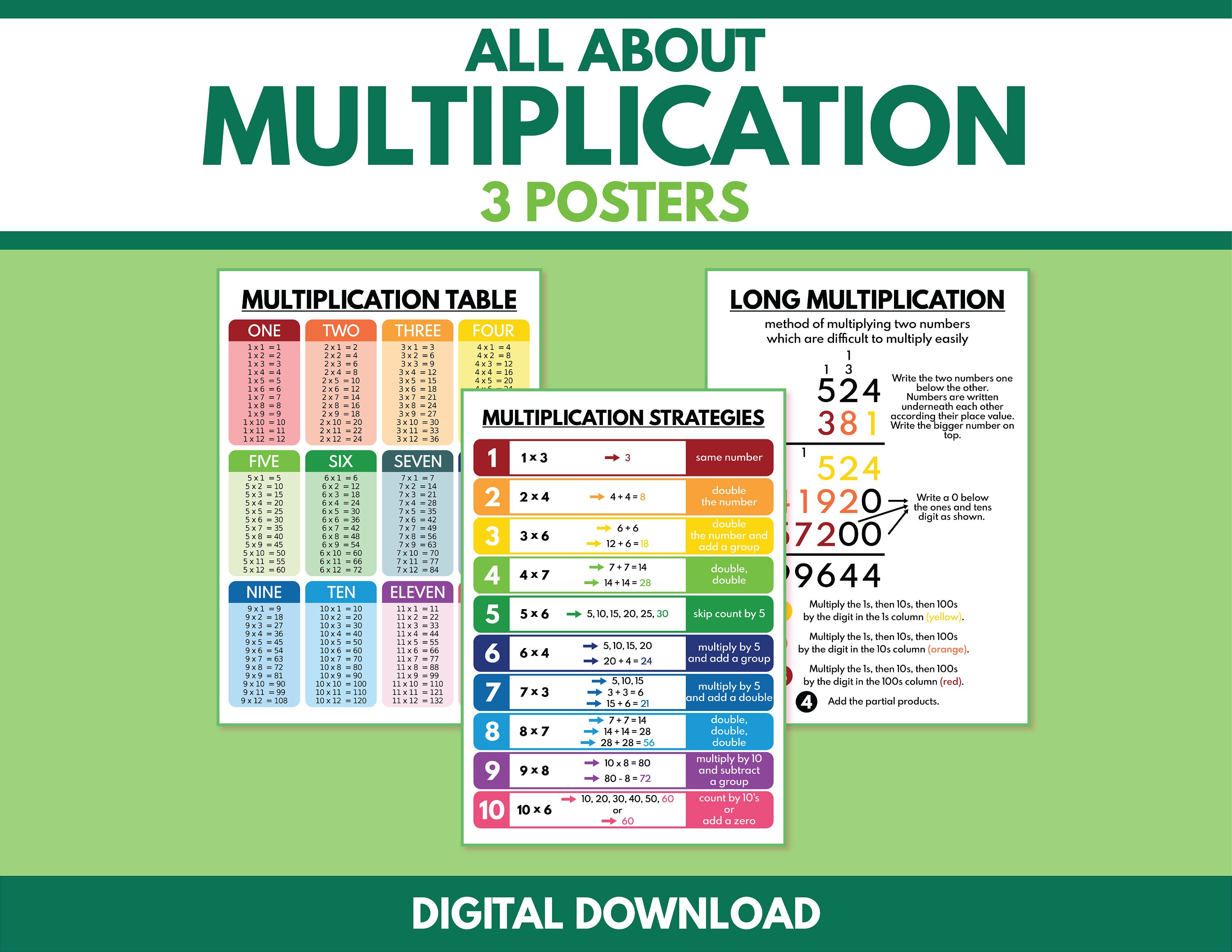 MULTIPLICATION SET: Table, Long Multiplication, Strategies, Educational ...