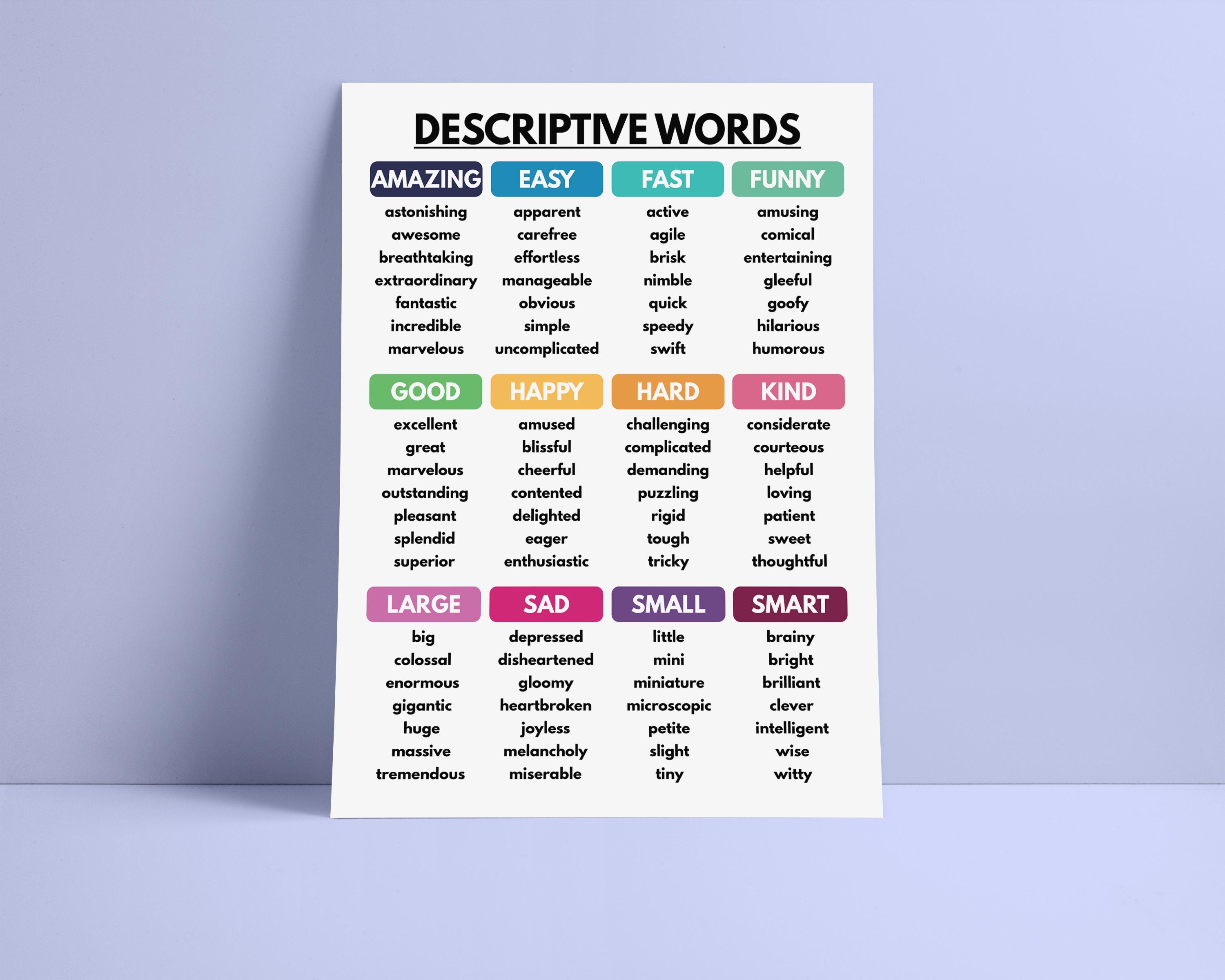 DESCRIPTIVE WORDS POSTER, Grammar Chart for Homeschool, English ...