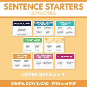 SENTENCE STARTERS - Set of 8 Colorful Posters, Essay Writing ...