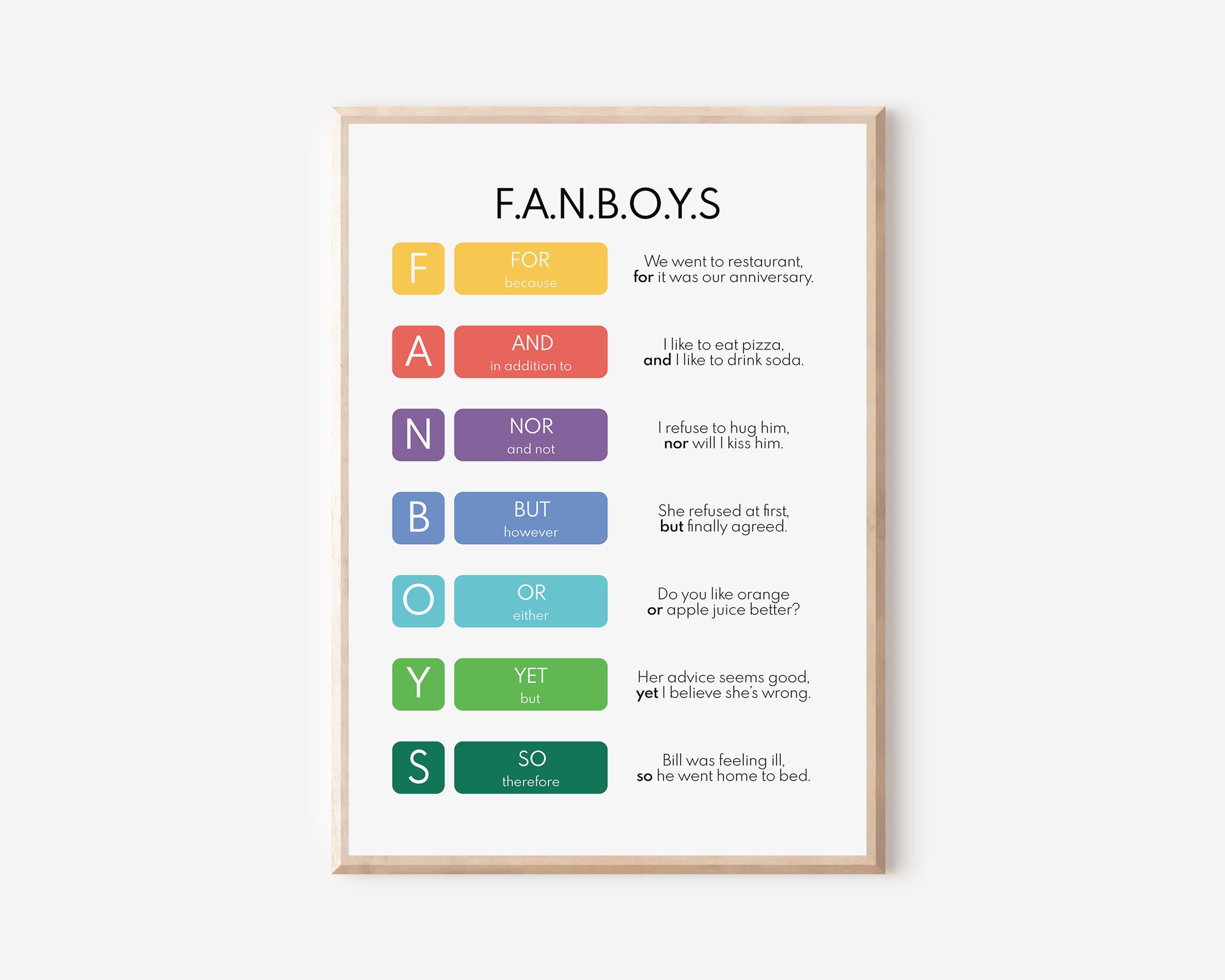 FANBOYS - CONJUNCTIONS POSTER, Parts of Speech, English Language ...
