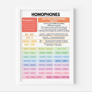 HOMOPHONES POSTER, English Language, Grammar Chart, Correct Spelling ...