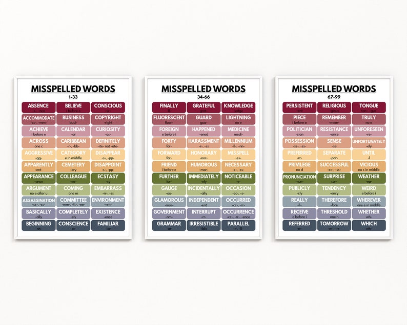 99 MOST MISSPELLED WORDS Poster Set of 3 Posters, English English ...
