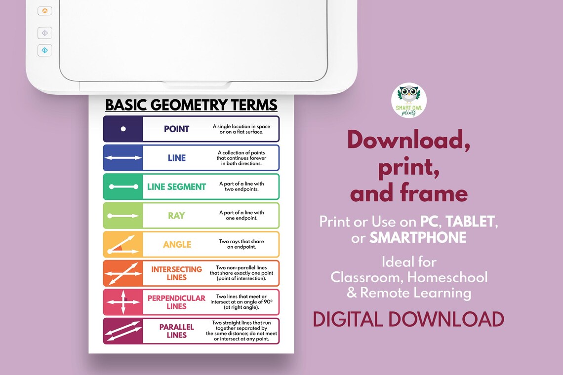 BASIC GEOMETRY TERMS, Geometry Visual Aids, Educational Poster, Math ...