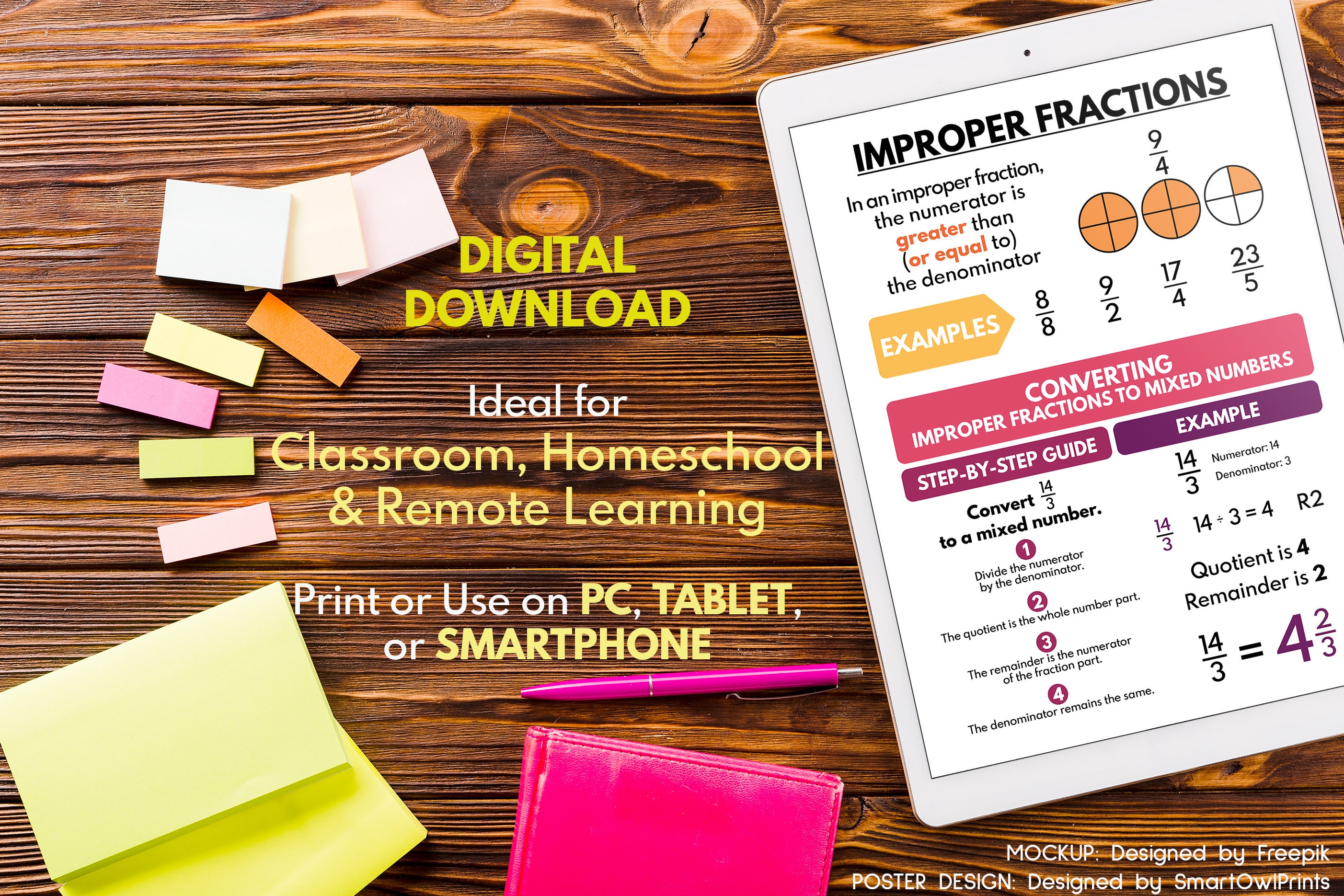 IMPROPER FRACTIONS Poster, Educational Posters for Kids, Math Classroom ...