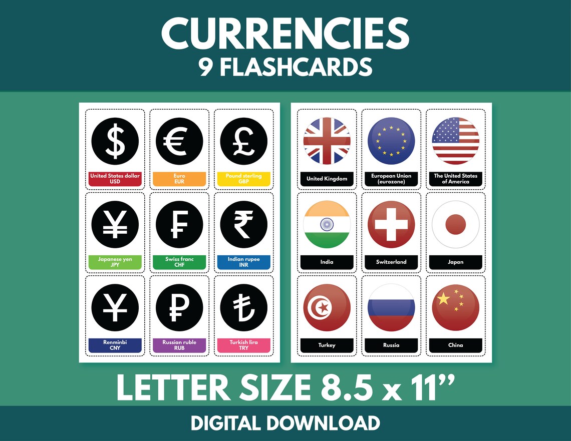 Two-sided CURRENCY SYMBOLS FLASHCARDS for Kids, Currency Symbols, Learn ...