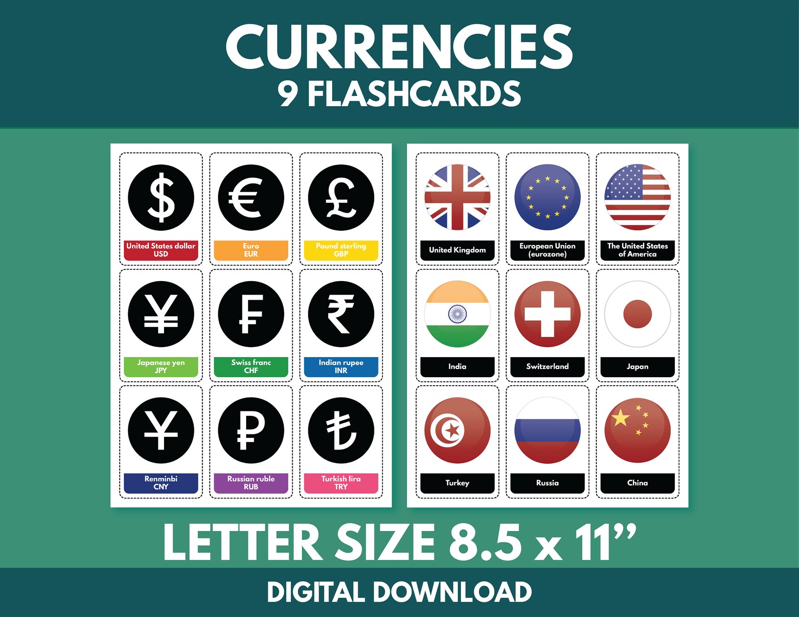 Two-sided CURRENCY SYMBOLS FLASHCARDS for Kids, Currency Symbols, Learn ...