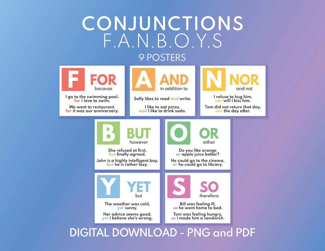 FANBOYS - Set of 7 Posters, Letter Size, Conjunctions, Parts of Speech ...