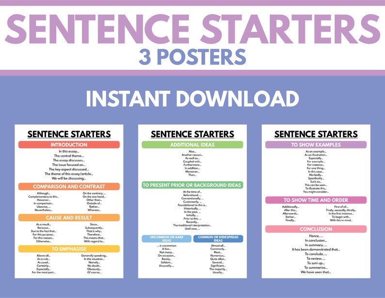 SENTENCE STARTERS Set of 3 Posters Writing an Essay - Etsy