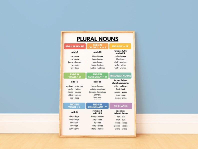 PLURAL NOUNS POSTER, Grammar Chart for Homeschool, Classroom Wall Decor ...