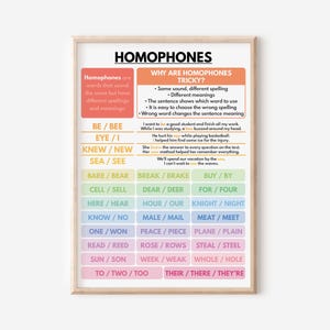 HOMOPHONES POSTER, English Language, Grammar Chart, Correct Spelling ...