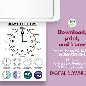 TELLING TIME POSTER, What Time is It? Learning Clock, Teaching Tool ...