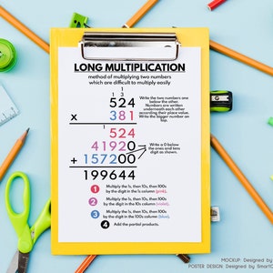 LONG MULTIPLICATION POSTER, Educational Poster for Kids, Math Classroom ...