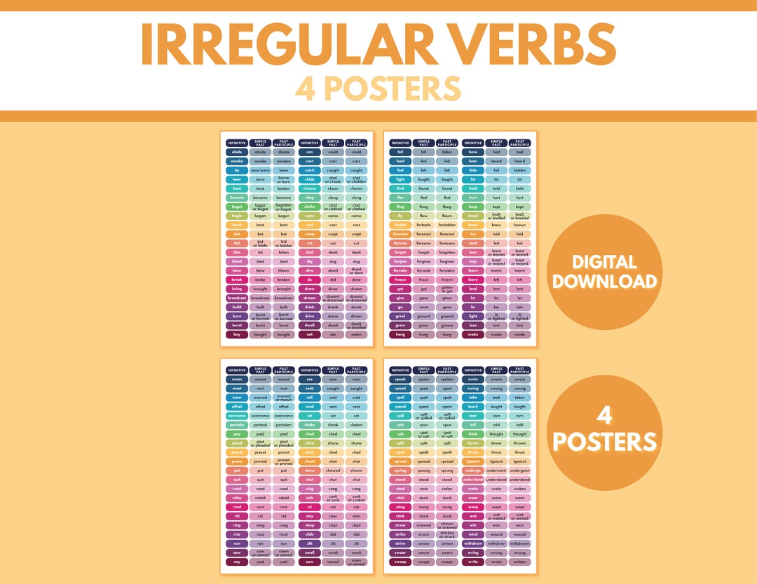 168 IRREGULAR VERBS - Set of 4 Posters, English Language, Homeschool ...