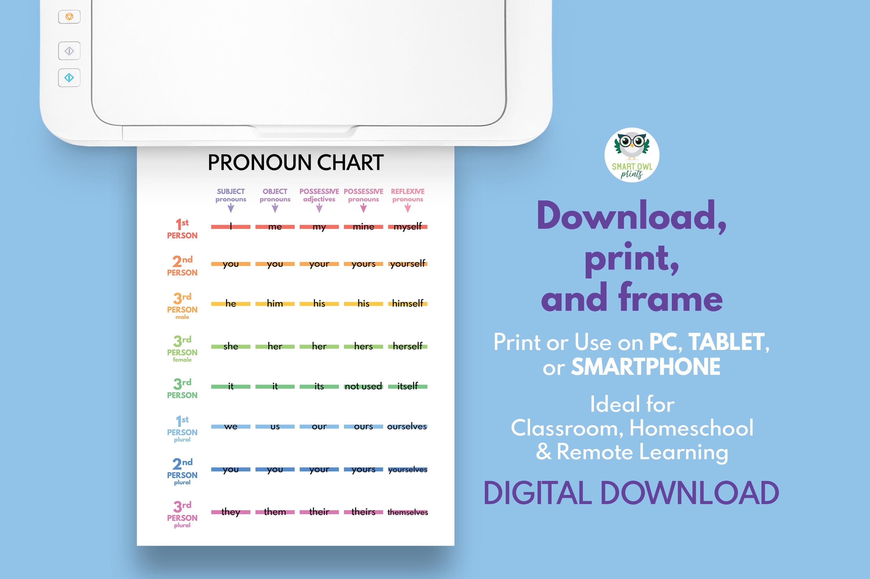 PRONOUN CHART POSTER, Learn English Language, Grammar Chart, Homeschool ...