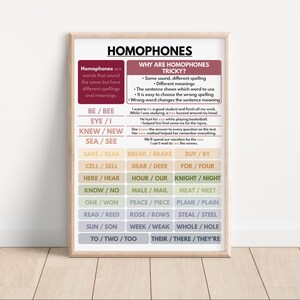 HOMOPHONES POSTER, English Language, Grammar Chart, Correct Spelling ...
