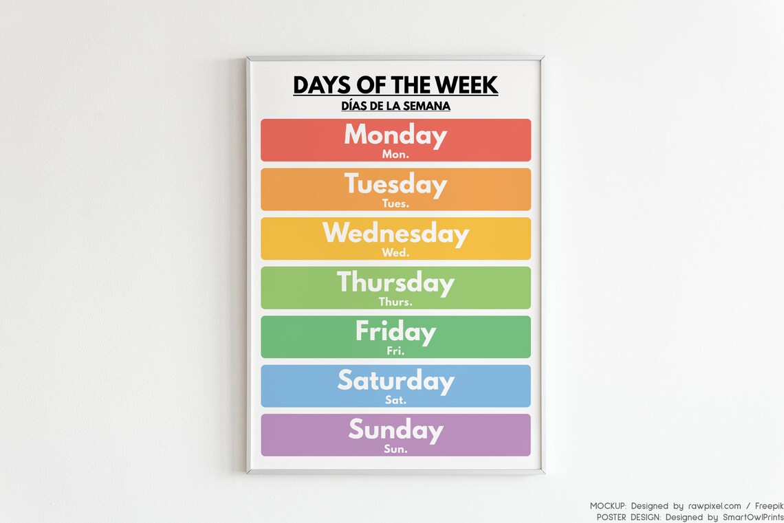 Spanish Language DAYS of THE WEEK in Spanish 2 Posters - Etsy