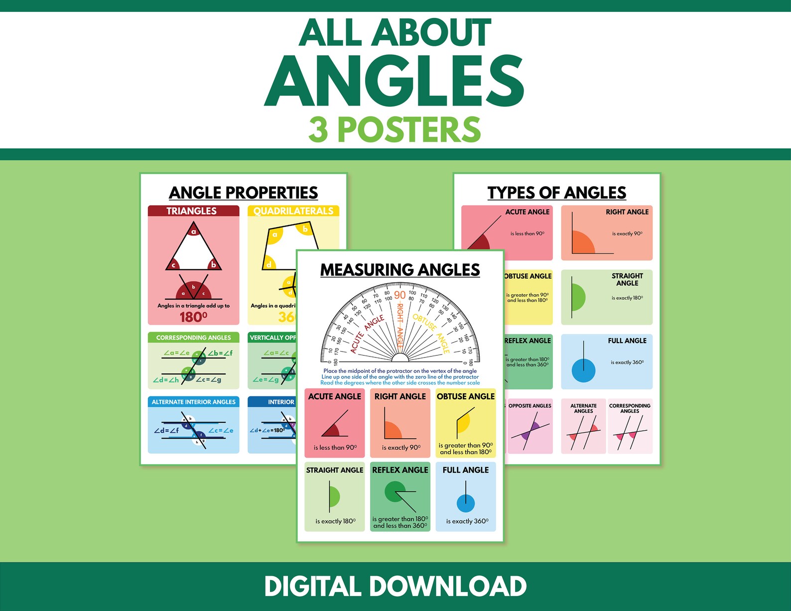 ANGLES POSTERS SET, Types of Angles, Measuring Angles, Properties ...