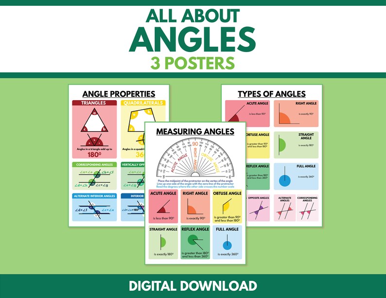ANGLES POSTERS SET, Types of Angles, Measuring Angles, Properties ...