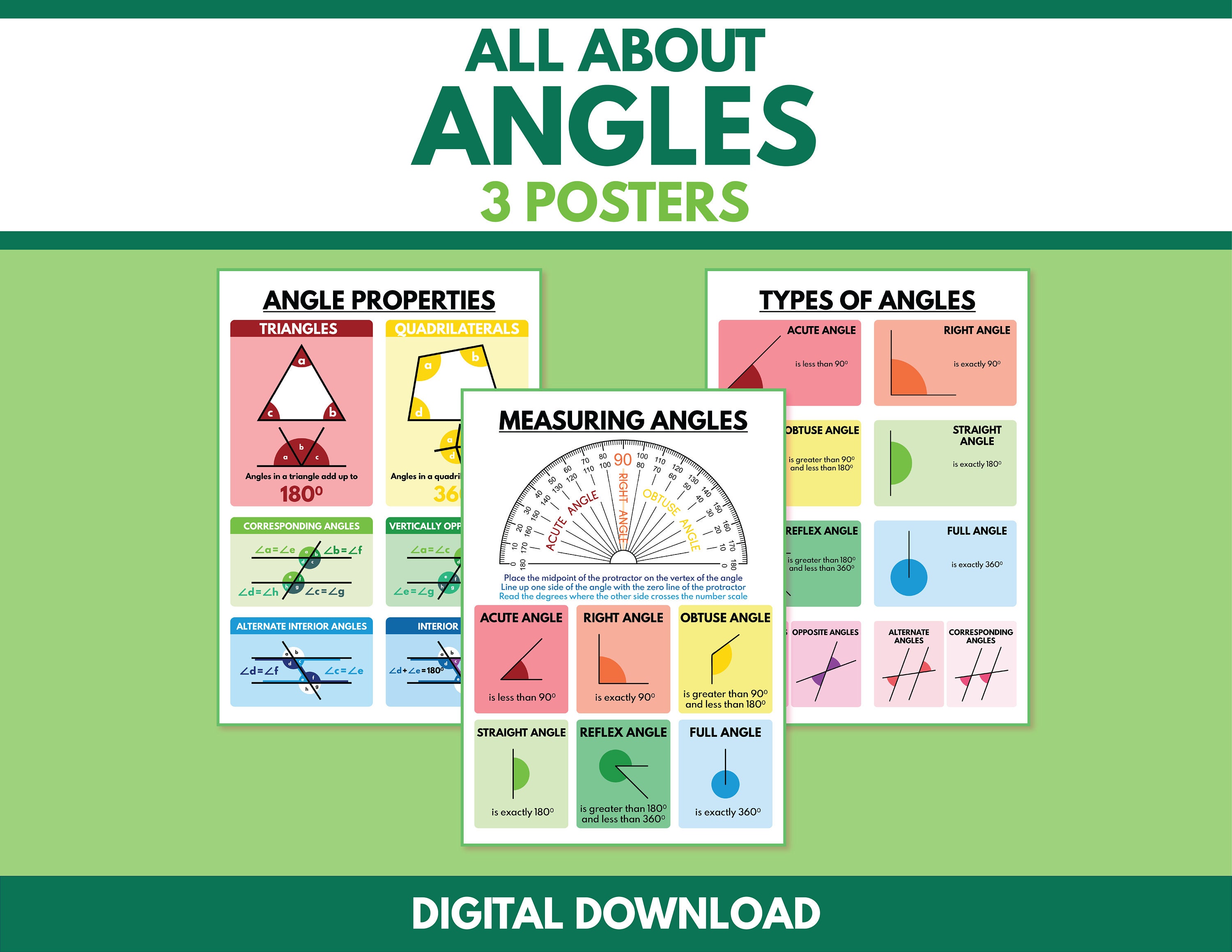 Conjunto De Carteles De Ángulos Tipos De ángulos Ángulos De Medición Propiedades Geometría 