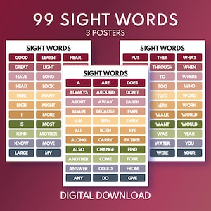99 SIGHT WORDS POSTER, Reading Learning, Learn English, Classroom Wall ...