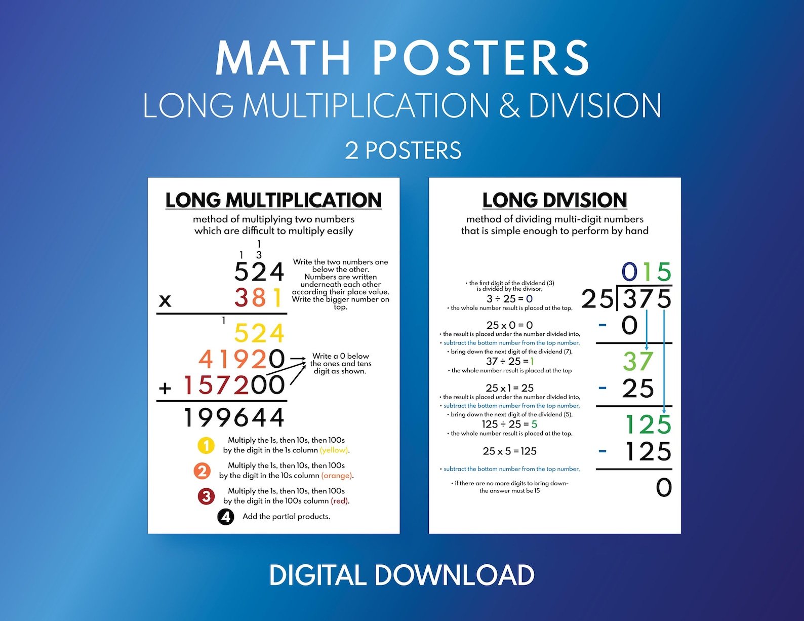 LONG MULTIPLICATION and DIVISION Posters, Educational Posters for Kids ...