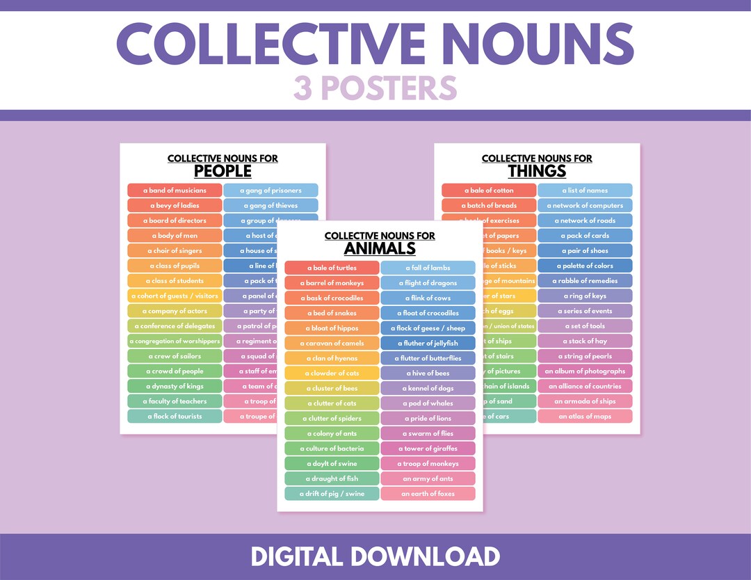Comprehensive COLLECTIVE NOUNS POSTER, English Vocabulary, Classroom ...