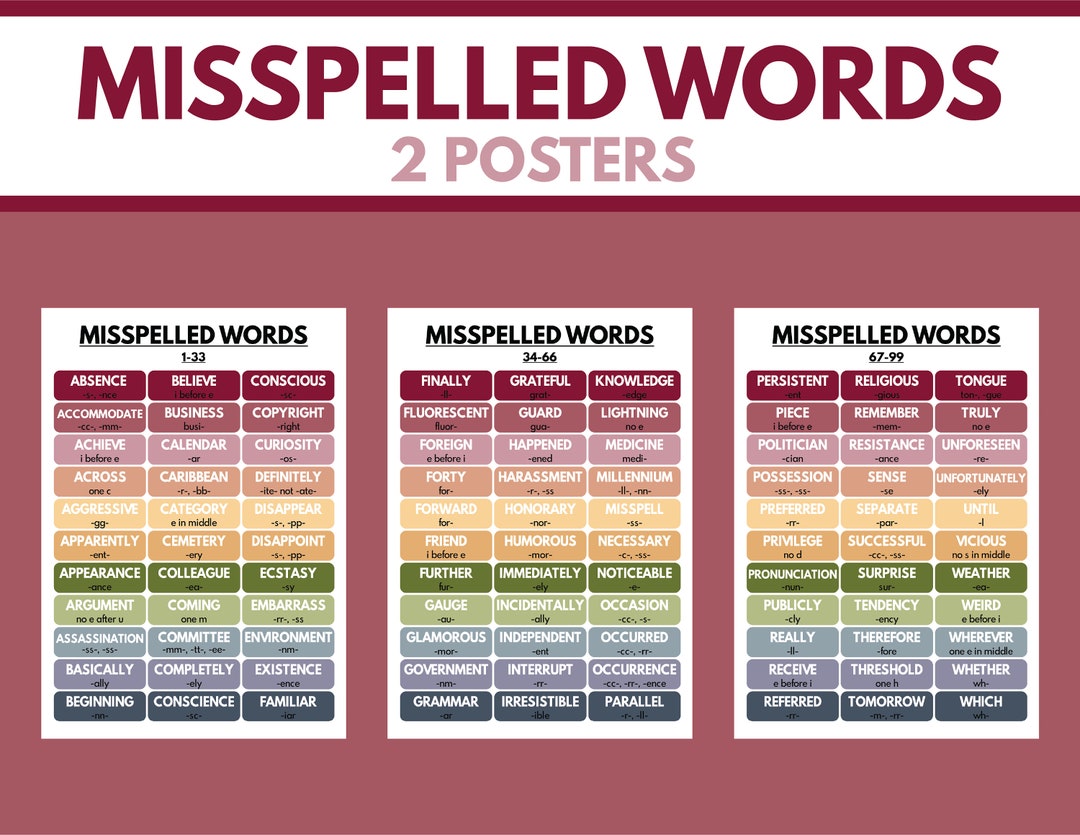 99 MOST MISSPELLED WORDS Poster Set of 3 Posters English - Etsy