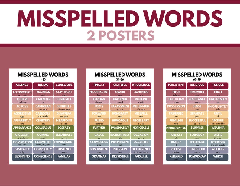 99 MOST MISSPELLED WORDS Poster Set of 3 Posters English - Etsy