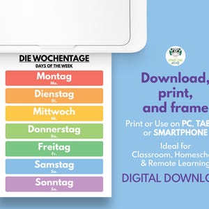 German Language, DAYS of THE WEEK in German, 2 Posters Set, German ...