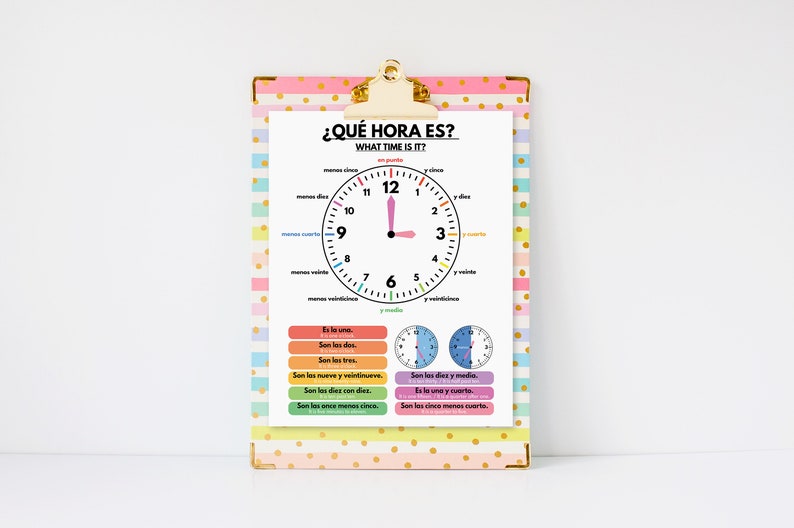 TELLING TIME Poster, Spanish Language, Educational Poster, What Time is ...
