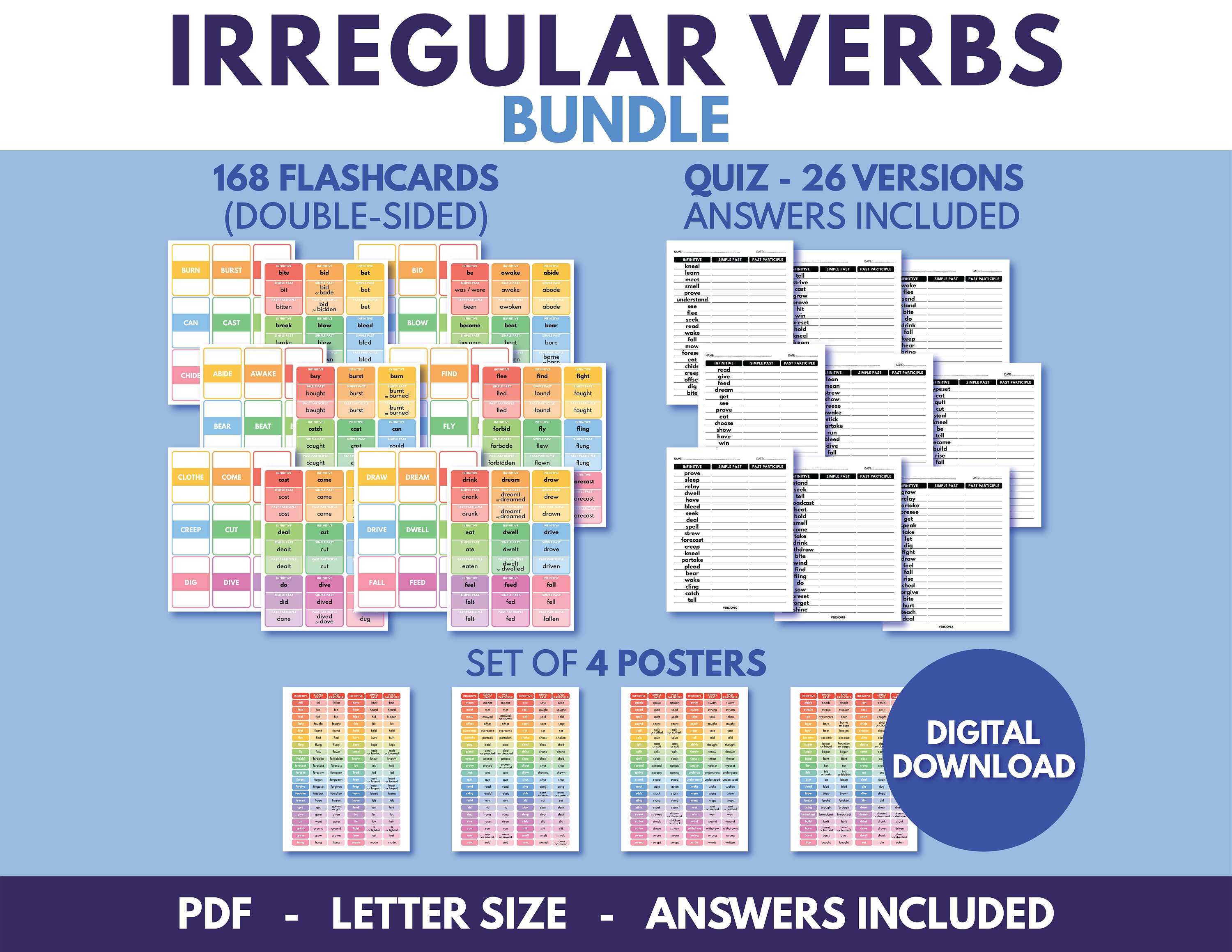 IRREGULAR VERBS BUNDLE 26 Test Worksheets Answers, Flashcards, Set of 4 ...