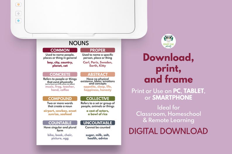 NOUNS POSTER, Types of Nouns, Grammar Anchor Chart for Homeschool ...
