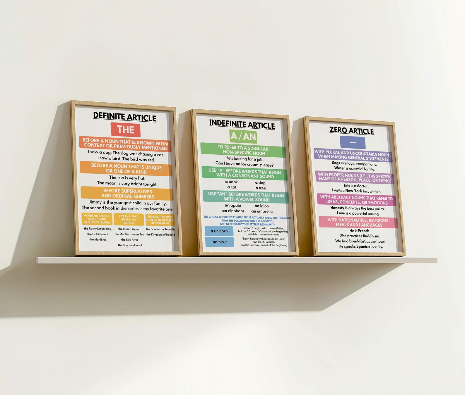 ARTICLES IN ENGLISH - Set of 3 Posters, English Language, Grammar Chart ...