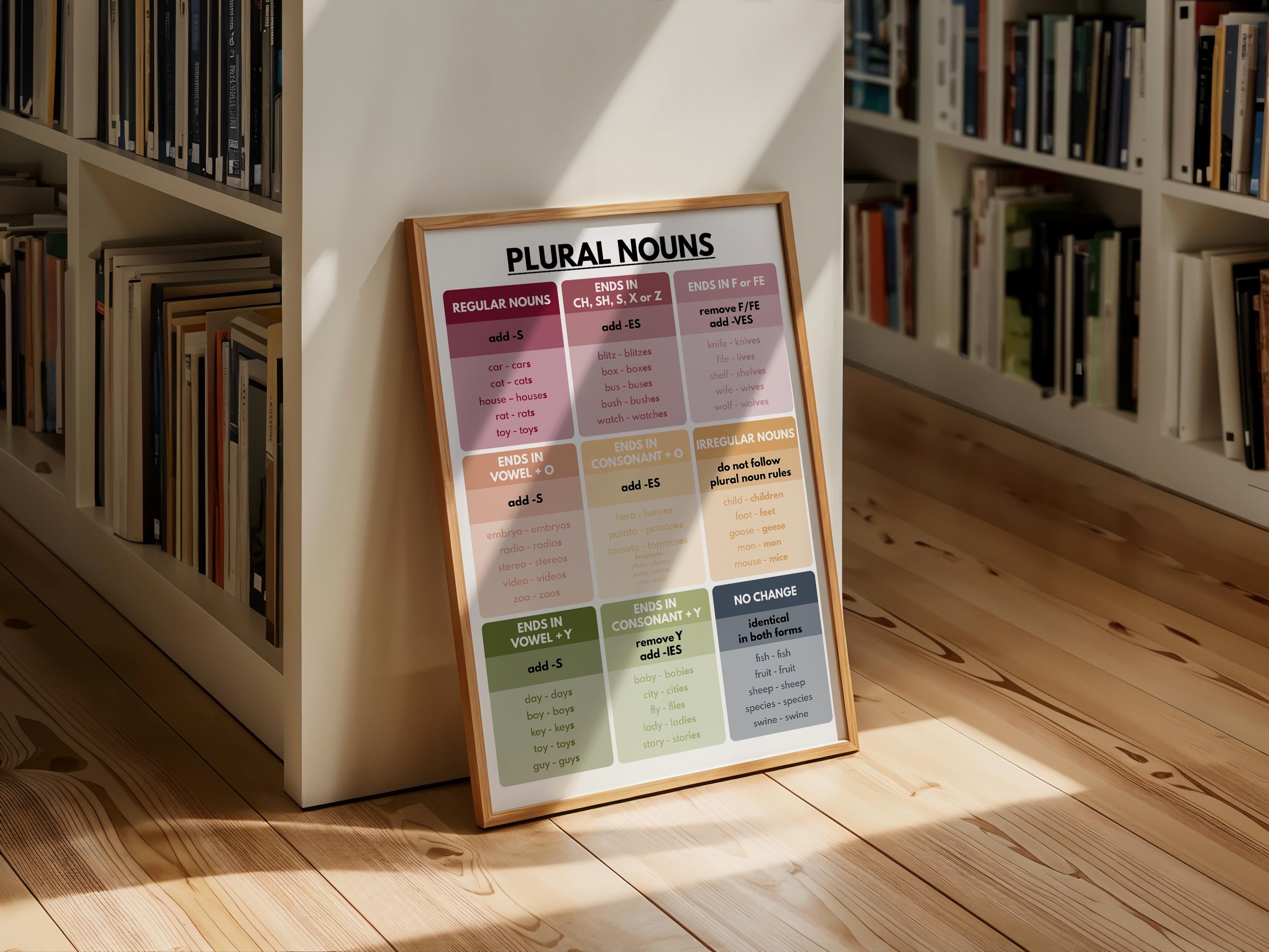PLURAL NOUNS POSTER, Grammar Rules Chart for Homeschool, Classroom Wall ...