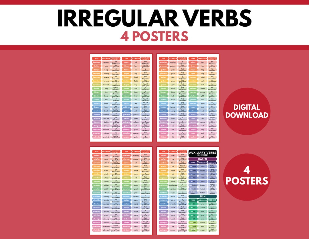 German Language, IRREGULAR VERBS + Auxiliary Verbs - Set of 4 Posters ...