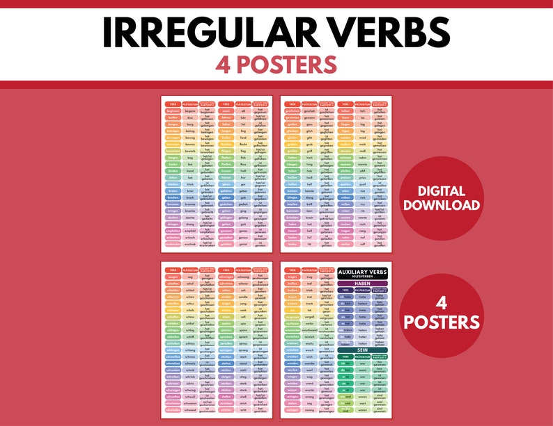 German Language, IRREGULAR VERBS Auxiliary Verbs Set of 4 Posters ...