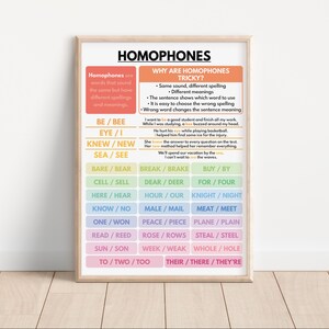 HOMOPHONES POSTER, English Language, Grammar Chart, Correct Spelling ...