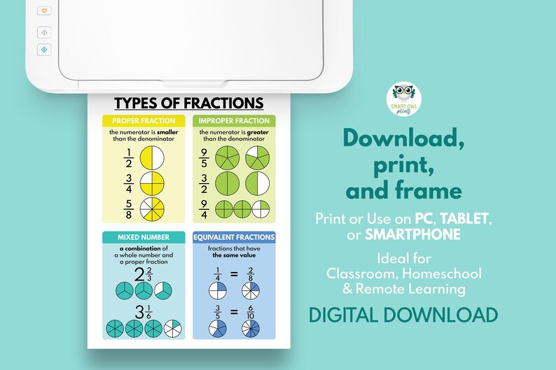 TYPES OF FRACTIONS, Educational Poster, Math Poster, Fractions ...