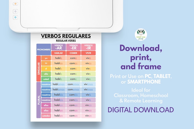 Spanish Language, REGULAR VERBS, Verb Conjugation, Grammar Chart ...