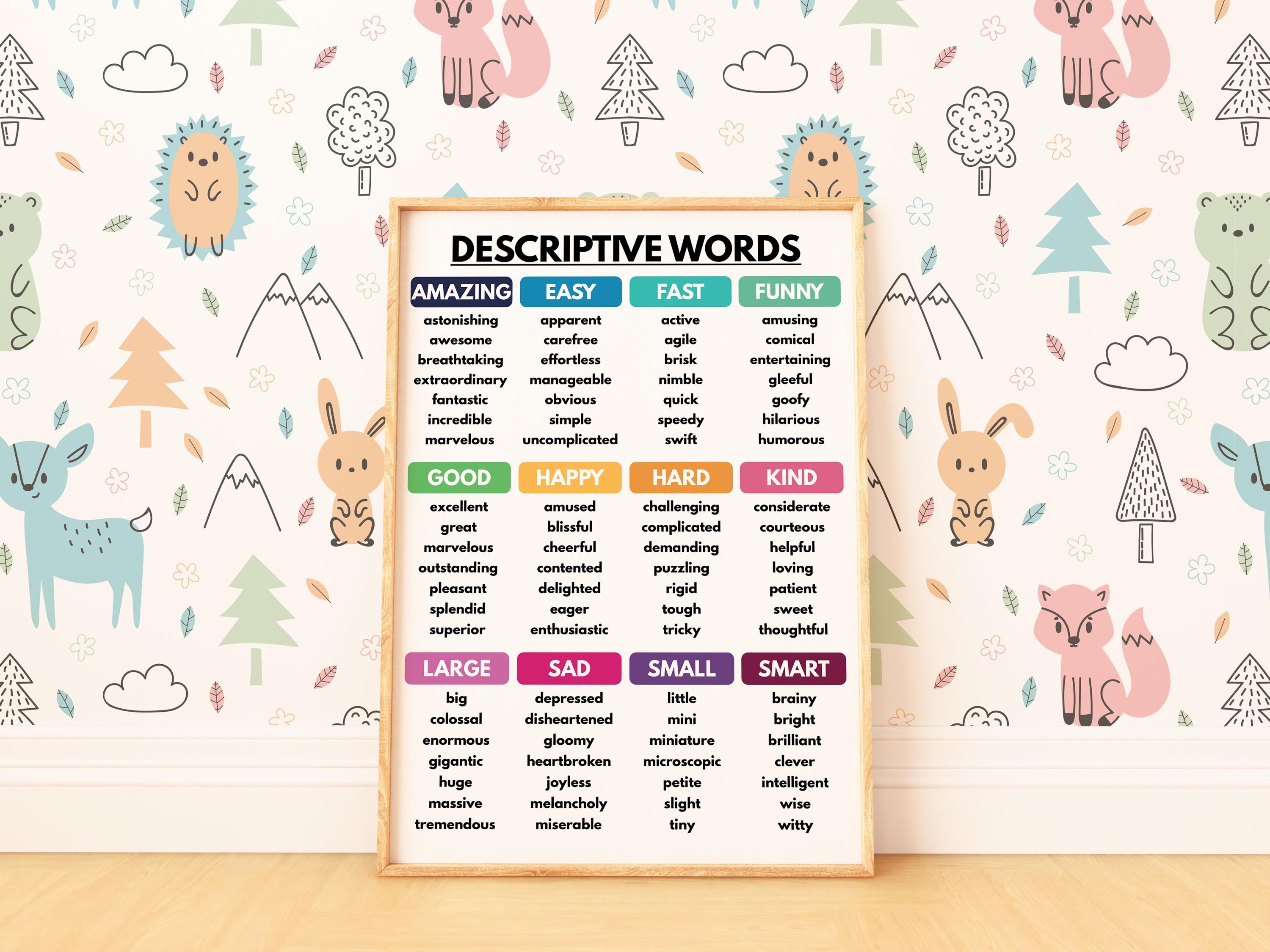 DESCRIPTIVE WORDS POSTER, Grammar Chart for Homeschool, English ...