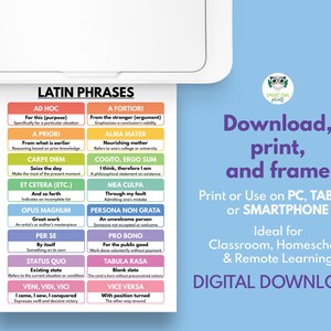 LATIN PHRASES POSTER, Vocabulary, Chart for Homeschool, English ...