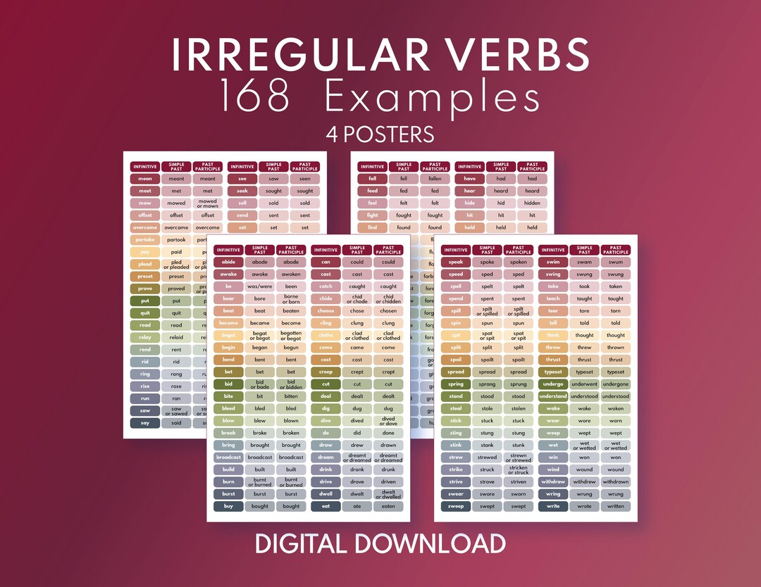 168 IRREGULAR VERBS - Set of 4 Posters, English Language, Homeschool ...