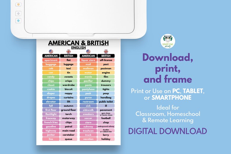 AMERICAN & BRITISH ENGLISH Poster, English Vocabulary, English ...